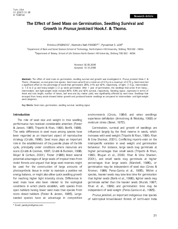 (PDF) The Effect of Seed Mass on Germination, Seedling Survival and ...