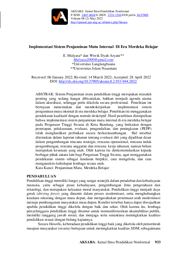 (PDF) Implementasi Sistem Penjaminan Mutu Internal Di Era Merdeka Belajar