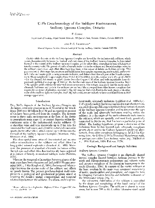 Pdf U Pb Geochronology Of The Sublayer Environment Sudbury Igneous Complex Ontario