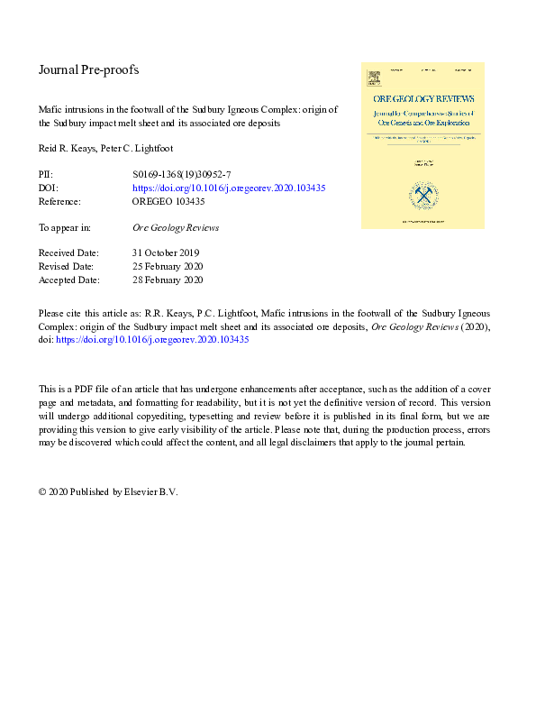 Pdf Mafic Intrusions In The Footwall Of The Sudbury Igneous Complex Origin Of The Sudbury