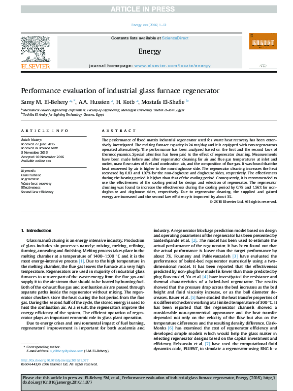 (PDF) Performance evaluation of industrial glass furnace regenerator