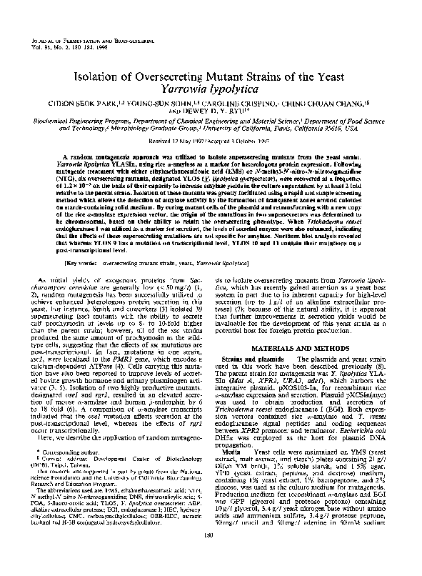 (PDF) Isolation of oversecreting mutant strains of the yeast Yarrowia lypolytica | Ching-Chuan ...