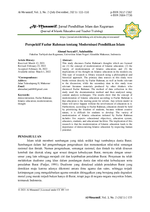 (PDF) Perspektif Fazlur Rahman tentang Modernisasi Pendidikan Islam | Salahuddin salahuddin ...