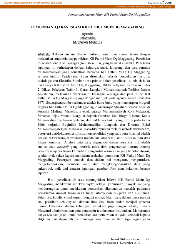 (PDF) Pemurnian Ajaran Islam KH Fathul Muin DG Maggading