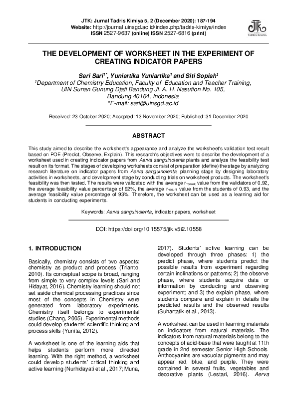 (PDF) The Development of Worksheet in the Experiment of Creating ...