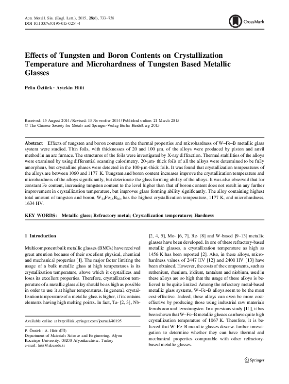 (PDF) Effects of Tungsten and Boron Contents on Crystallization Temperature and Microhardness of ...