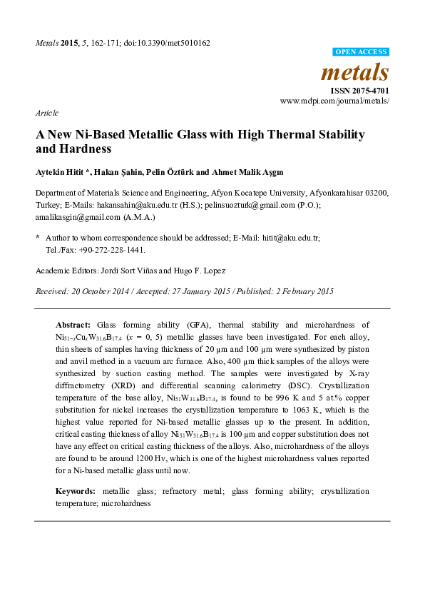 (PDF) Article A New Ni-Based Metallic Glass with High Thermal Stability ...