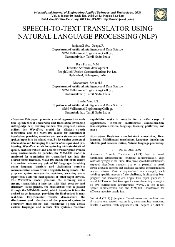 (PDF) SPEECH-TO-TEXT TRANSLATOR USING NATURAL LANGUAGE PROCESSING (NLP