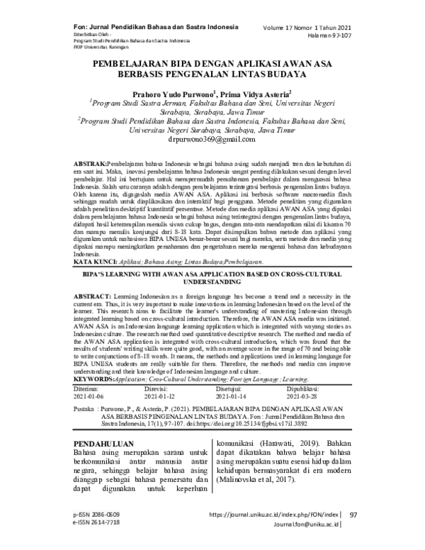(PDF) Pembelajaran Bipa Dengan Aplikasi Awan Asa Berbasis Pengenalan Lintas Budaya