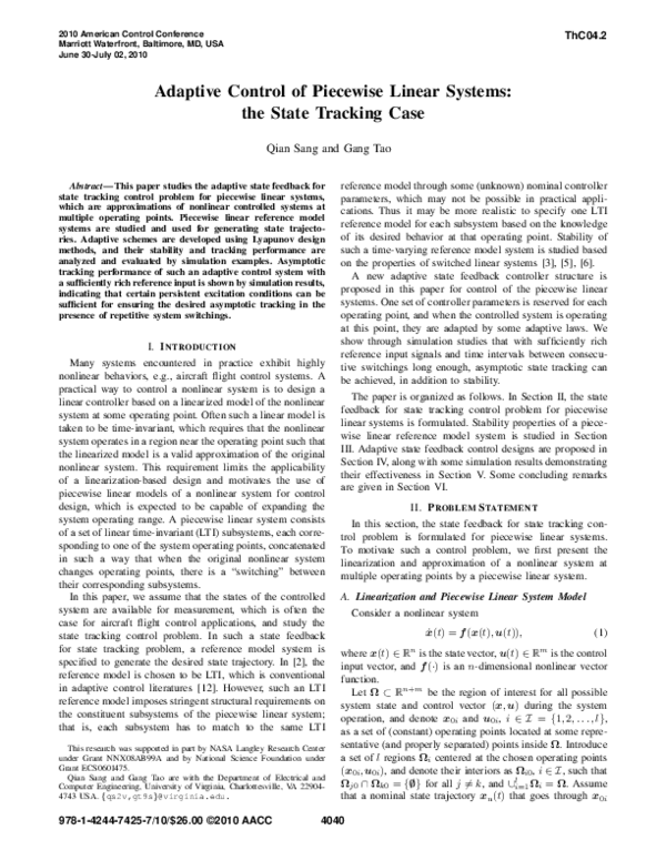 Pdf Adaptive Control Of Piecewise Linear Systems The State Tracking Case