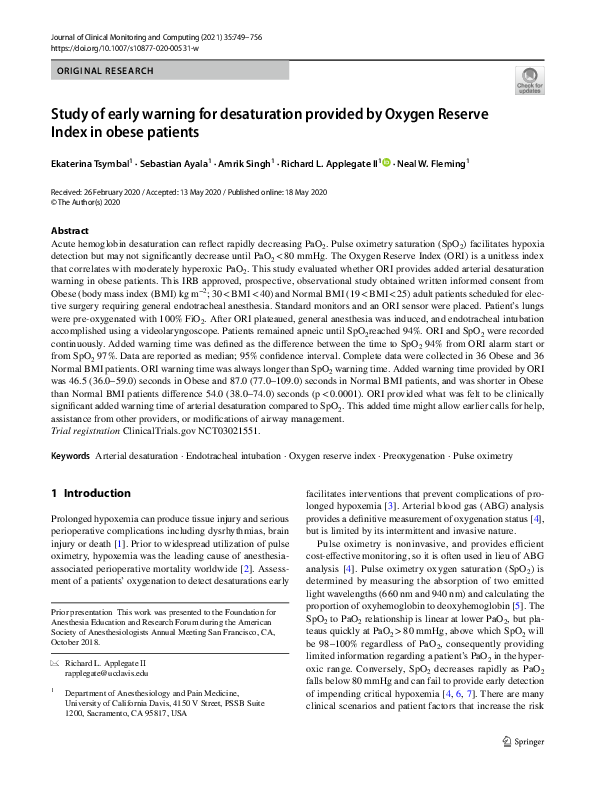 (PDF) Study of early warning for desaturation provided by Oxygen ...