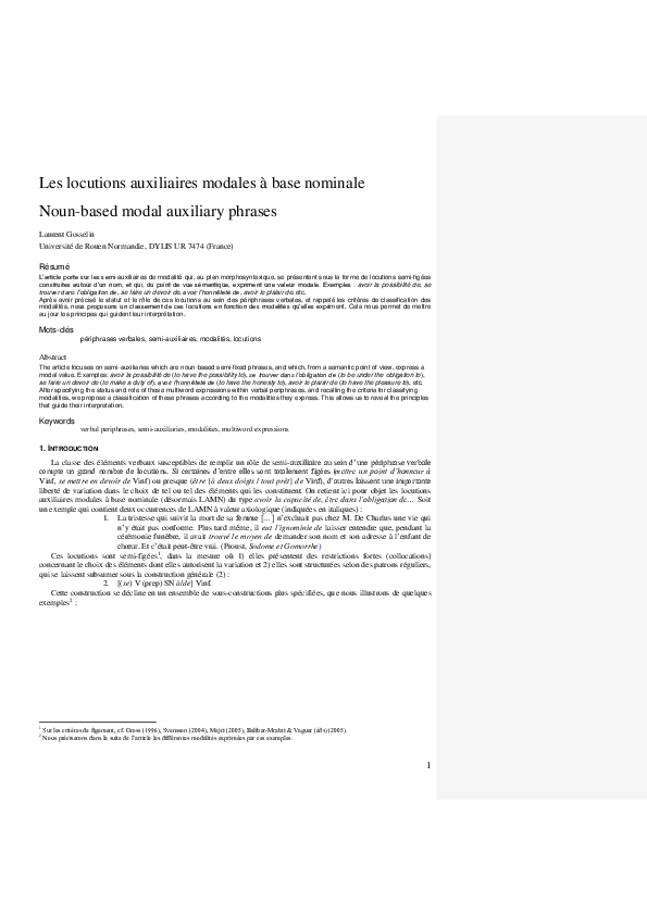 (PDF) Les locutions auxiliaires modales à base nominale Noun-based ...