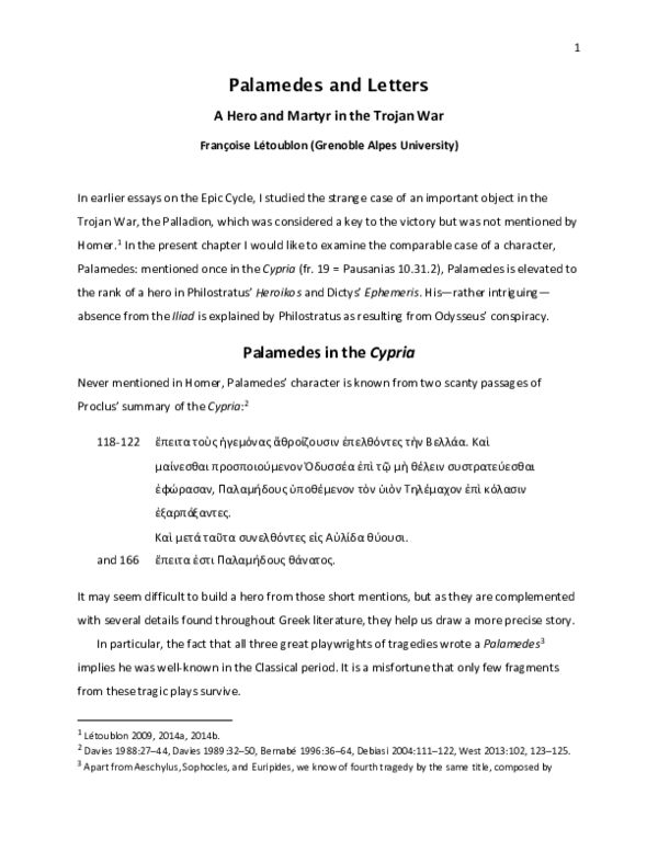 (PDF) Palamedes and Letters. A Hero and Martyr in the Trojan War