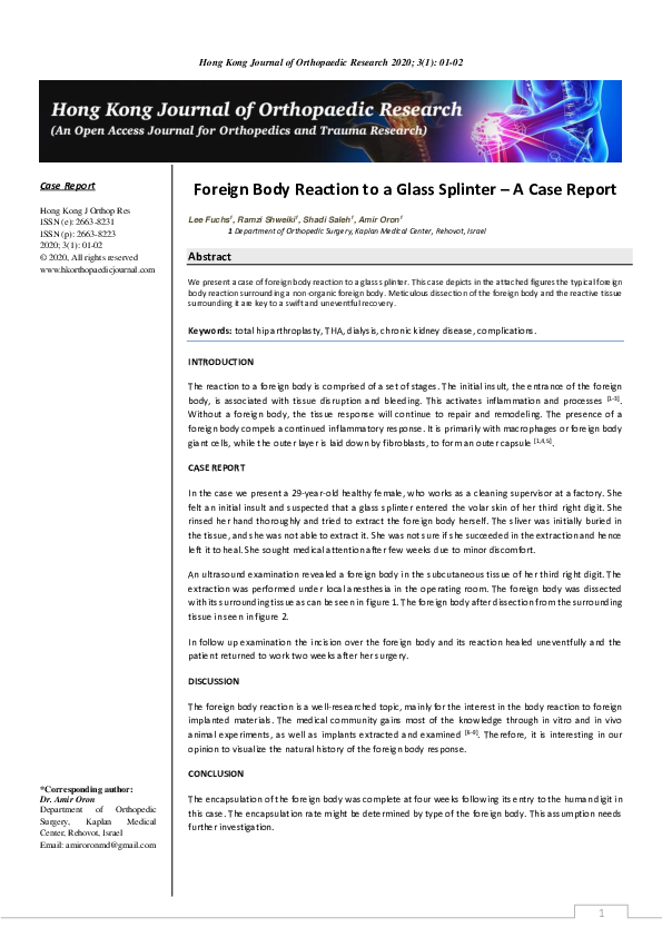 (PDF) Foreign Body Reaction to a Glass Splinter – A Case Report