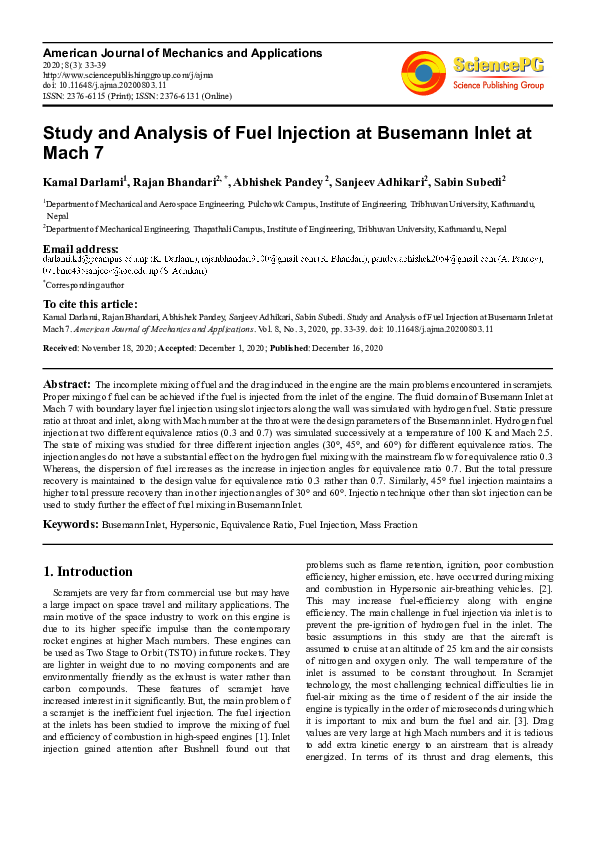 (PDF) Study and Analysis of Fuel Injection at Busemann Inlet at Mach 7