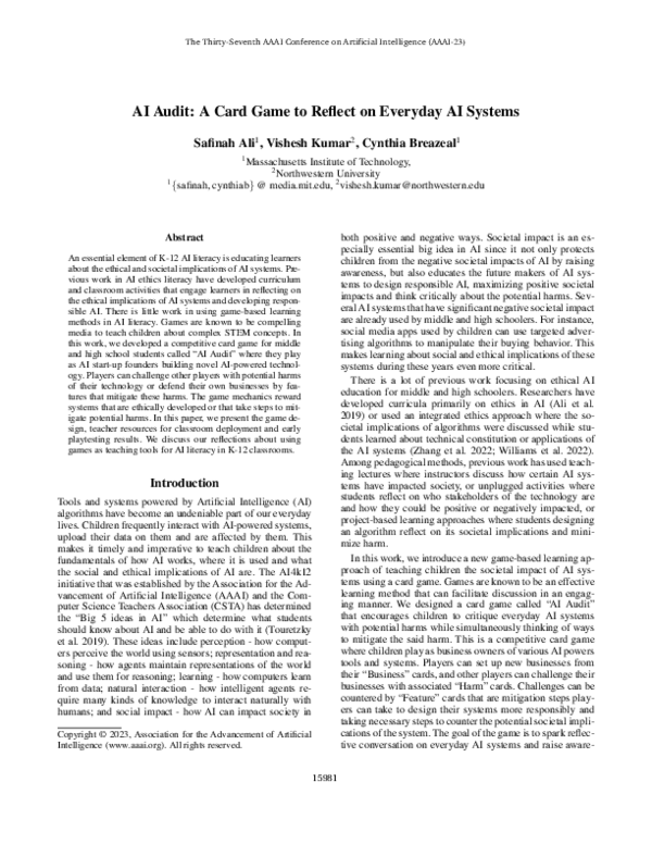 (PDF) AI Audit: A Card Game to Reflect on Everyday AI Systems