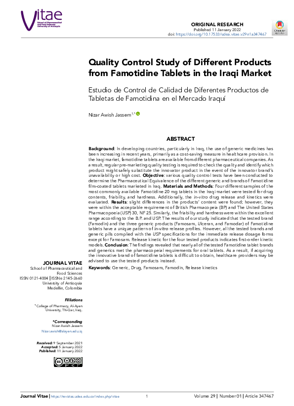 (PDF) Quality Control Study of Different Products from Famotidine Tablets in the Iraqi Market