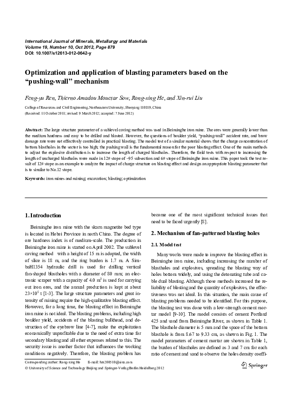 (PDF) Optimization and application of blasting parameters based on the “pushing-wall” mechanism