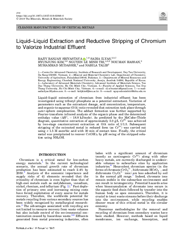 (PDF) Liquid–Liquid Extraction and Reductive Stripping of Chromium to Valorize Industrial ...