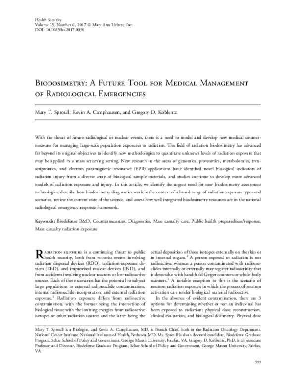 (PDF) Biodosimetry: A Future Tool for Medical Management of ...