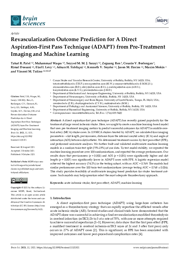 (PDF) Revascularization Outcome Prediction for A Direct Aspiration-First Pass Technique (ADAPT ...