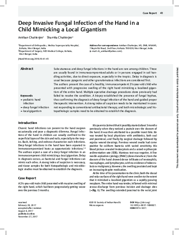 (PDF) Deep Invasive Fungal Infection of the Hand in a Child Mimicking a ...