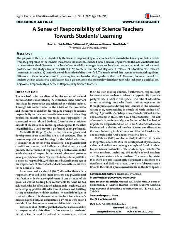 (PDF) A Sense of Responsibility of Science Teachers Towards Students ...