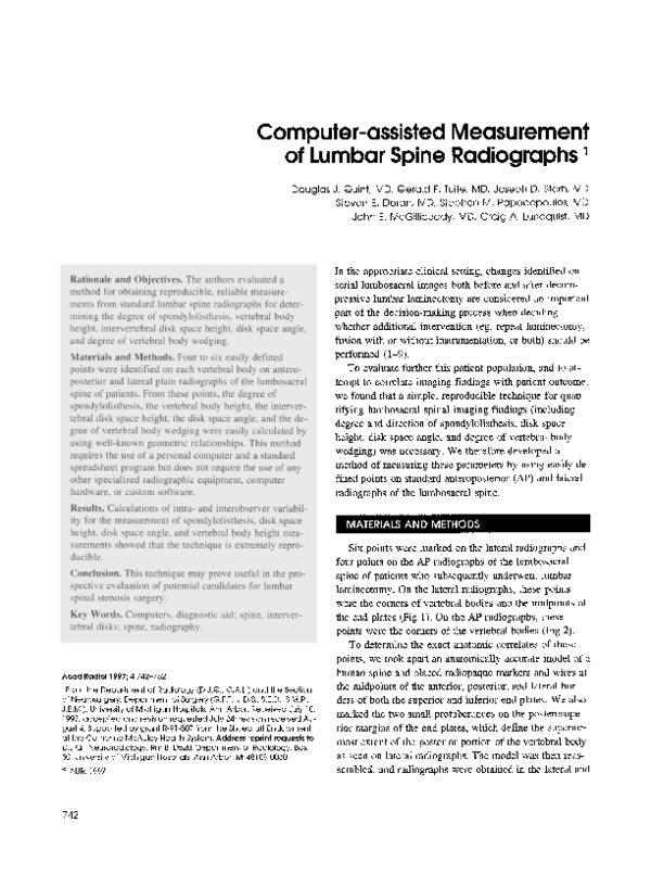 (PDF) Computer-assisted measurement of lumbar spine radiographs
