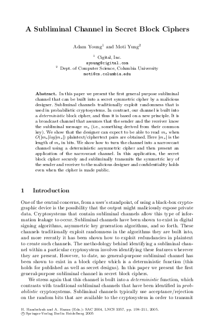 (PDF) A Subliminal Channel in Secret Block Ciphers