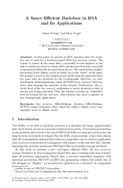 (PDF) A Space Efficient Backdoor in RSA and Its Applications
