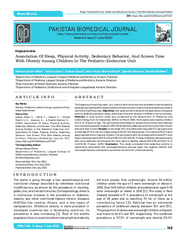 (PDF) Association Of Sleep, Physical Activity, Sedentary Behavior, And Screen Time With Obesity ...