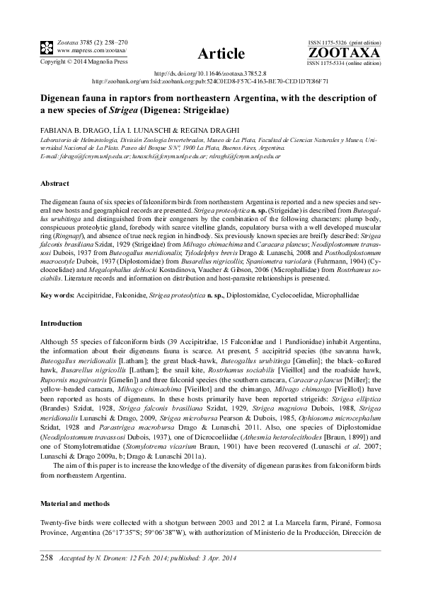 (PDF) Digenean fauna in raptors from northeastern Argentina, with the ...