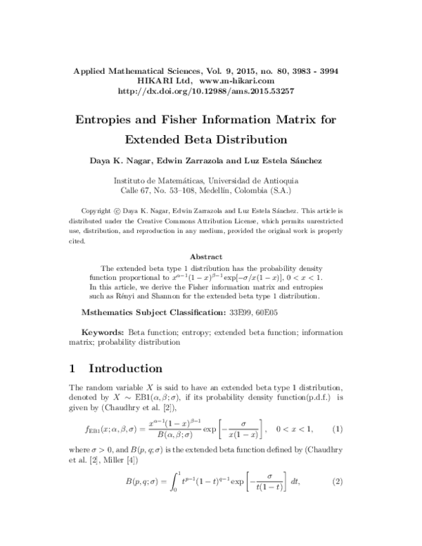 (PDF) Entropies and Fisher information matrix for extended beta distribution