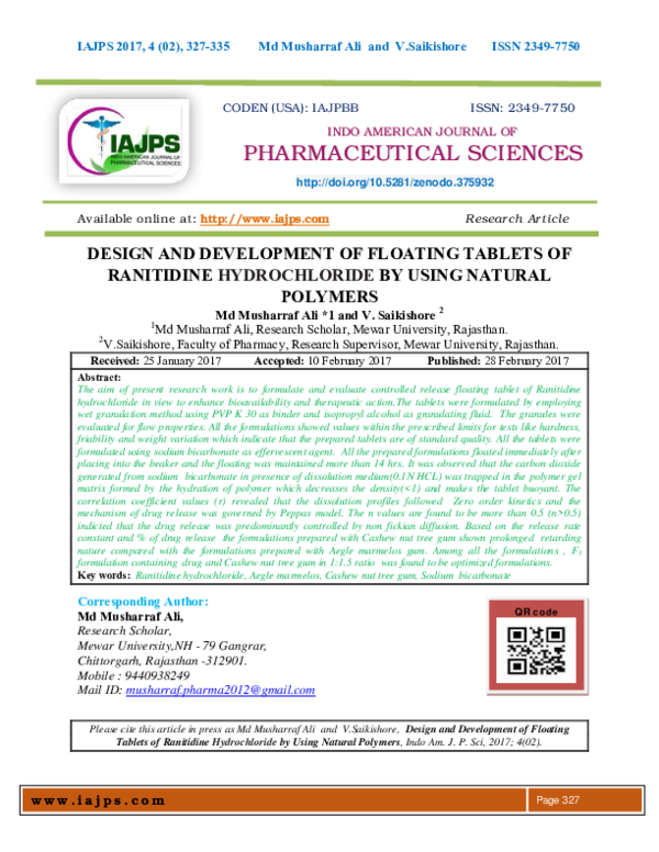 Pdf Design And Development Of Floating Tablets Of Ranitidine Hydrochloride By Using Natural