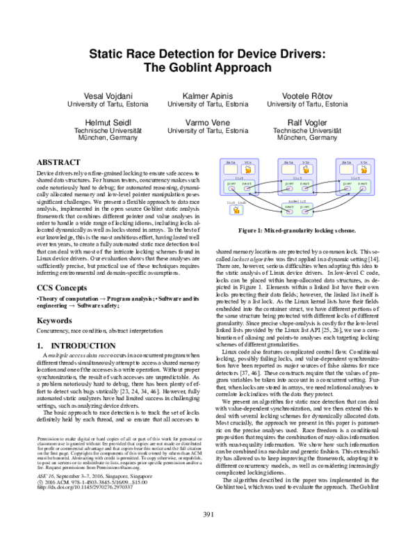 (PDF) Static race detection for device drivers: the Goblint approach | Helmut Seidl - Academia.edu