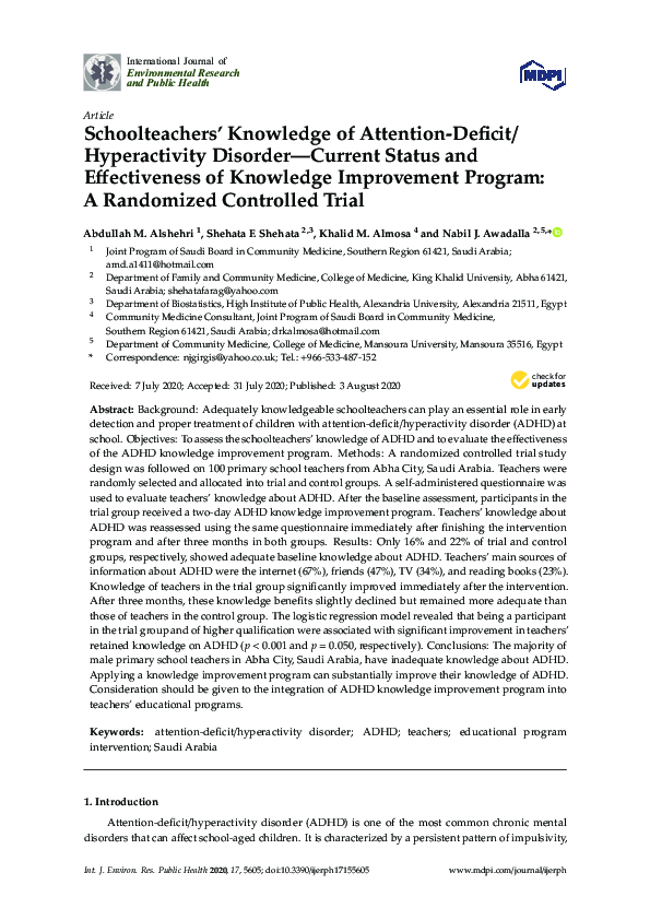 (PDF) Schoolteachers’ Knowledge of Attention-Deficit/Hyperactivity Disorder—Current Status and ...