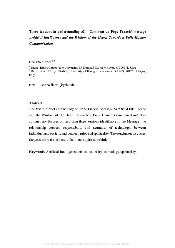 (PDF) Three tensions in understanding AI - Comment on Pope Francis ...