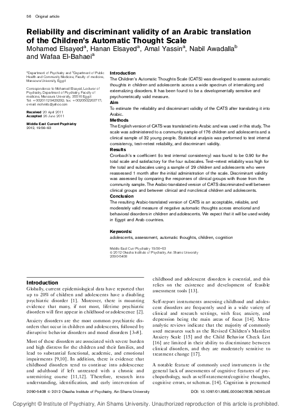 (PDF) Reliability and discriminant validity of an Arabic translation of the Children’s Automatic ...