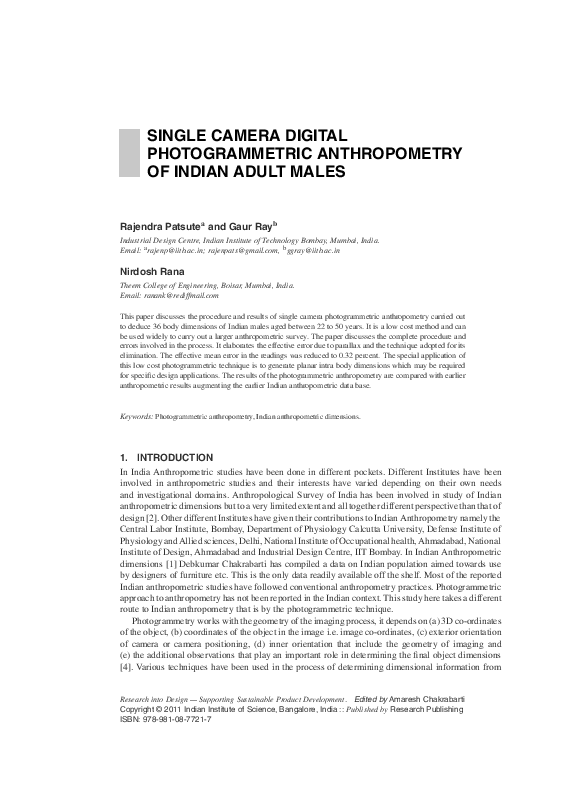 (PDF) Single Camera Digital Photogrammetric Anthropometry of Indian ...