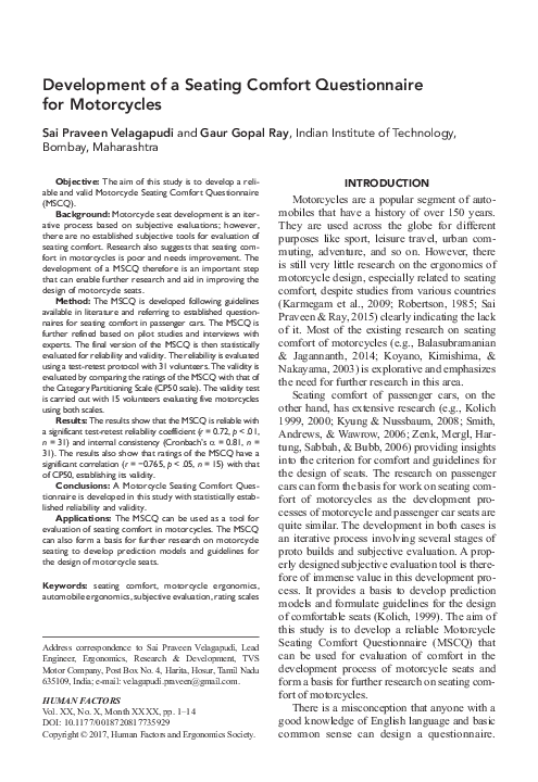 (PDF) Development of a Seating Comfort Questionnaire for Motorcycles