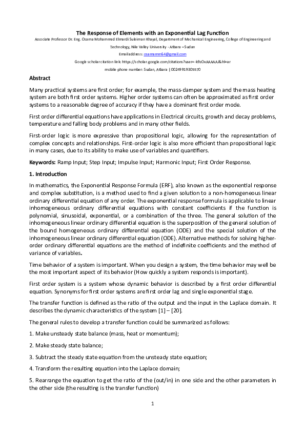 Pdf The Response Of Elements With An Exponential Lag Function 7639