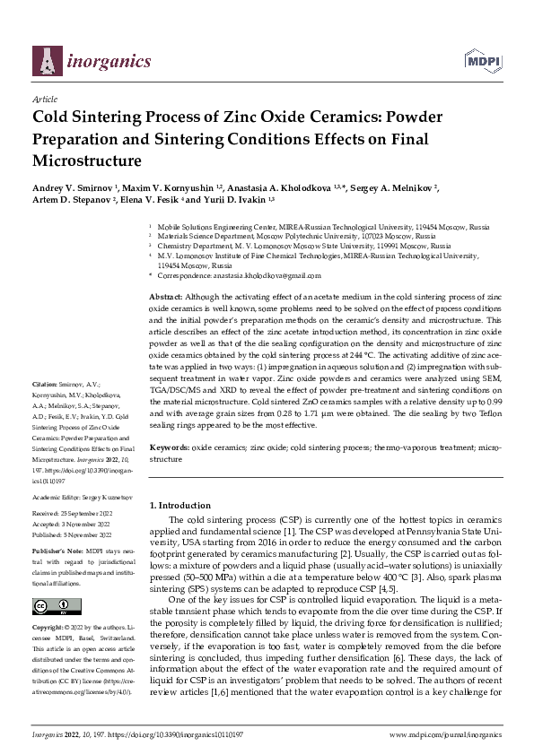 (PDF) Cold Sintering Process of Zinc Oxide Ceramics: Powder Preparation ...