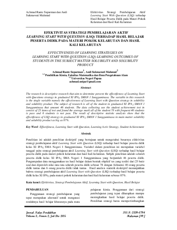 (PDF) Efektivitas Strategi Pembelajaran Aktif Learning Start with Question (LSQ) Terhadap Hasil ...