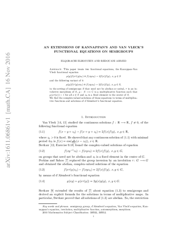 (PDF) Extensions of Kannappan’s and Van Vleck’s Functional Equations on ...