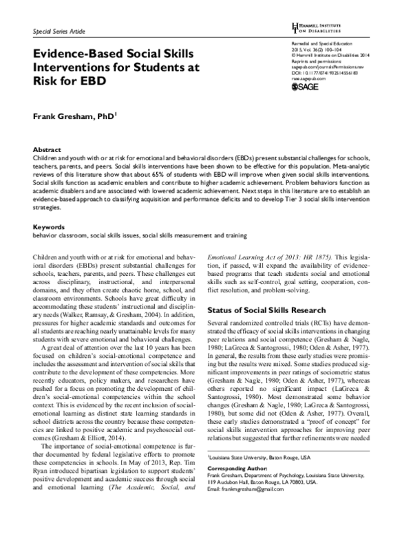 (PDF) Evidence-Based Social Skills Interventions for Students at Risk ...
