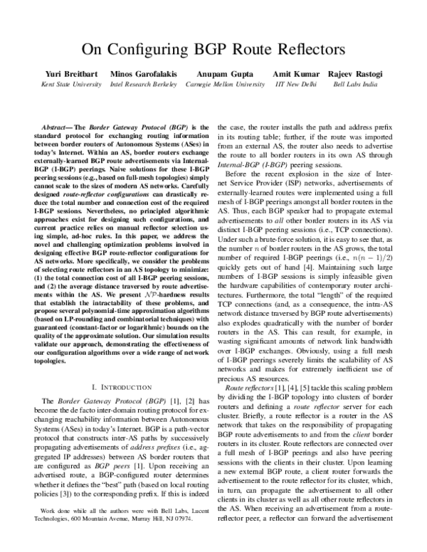 (PDF) Optimizing BGP Route Reflector Configurations for AS Networks