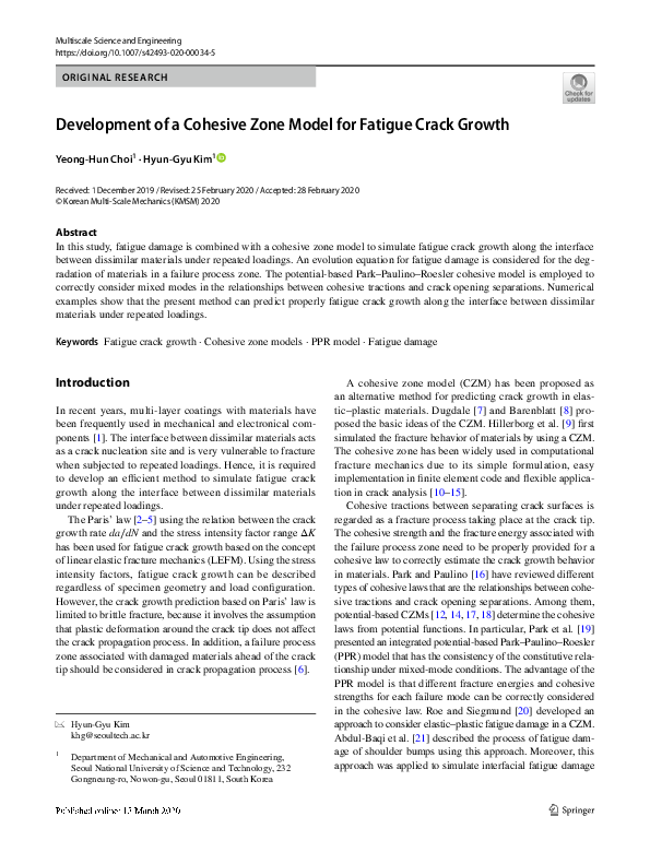 (PDF) Development of a cohesive zone model for fatigue/fracture ...