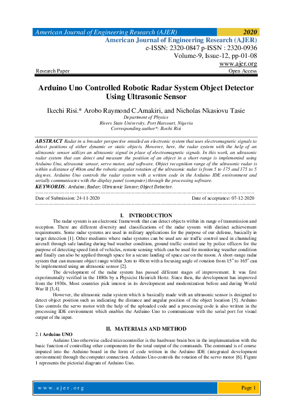 Pdf Arduino Uno Controlled Robotic Radar System Object Detector Using