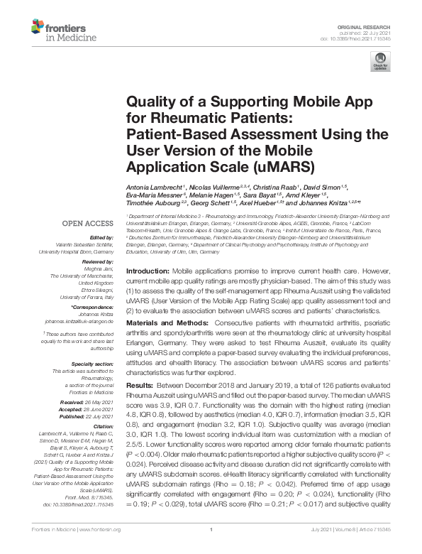 Pdf Quality Of A Supporting Mobile App For Rheumatic Patients Patient Based Assessment Using