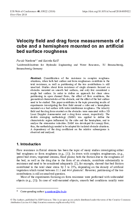 (PDF) Velocity field and drag force measurements of a cube and a hemisphere mounted on an ...